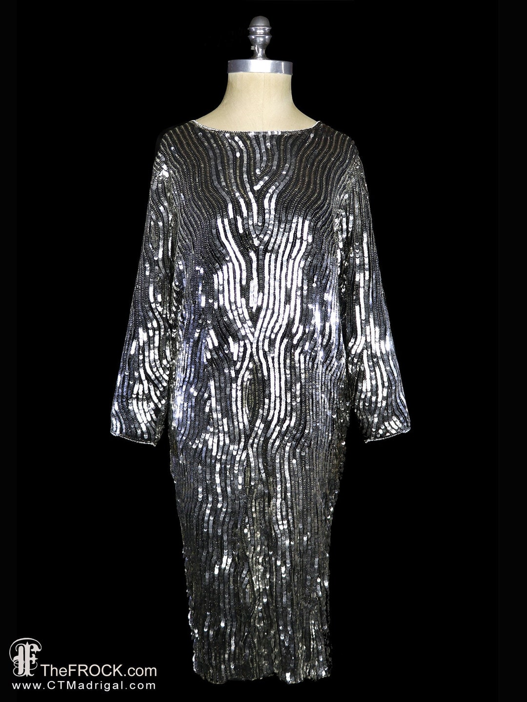 Halston Sequined Evening Dress, Silver Metallic Beaded Black Flapper ...