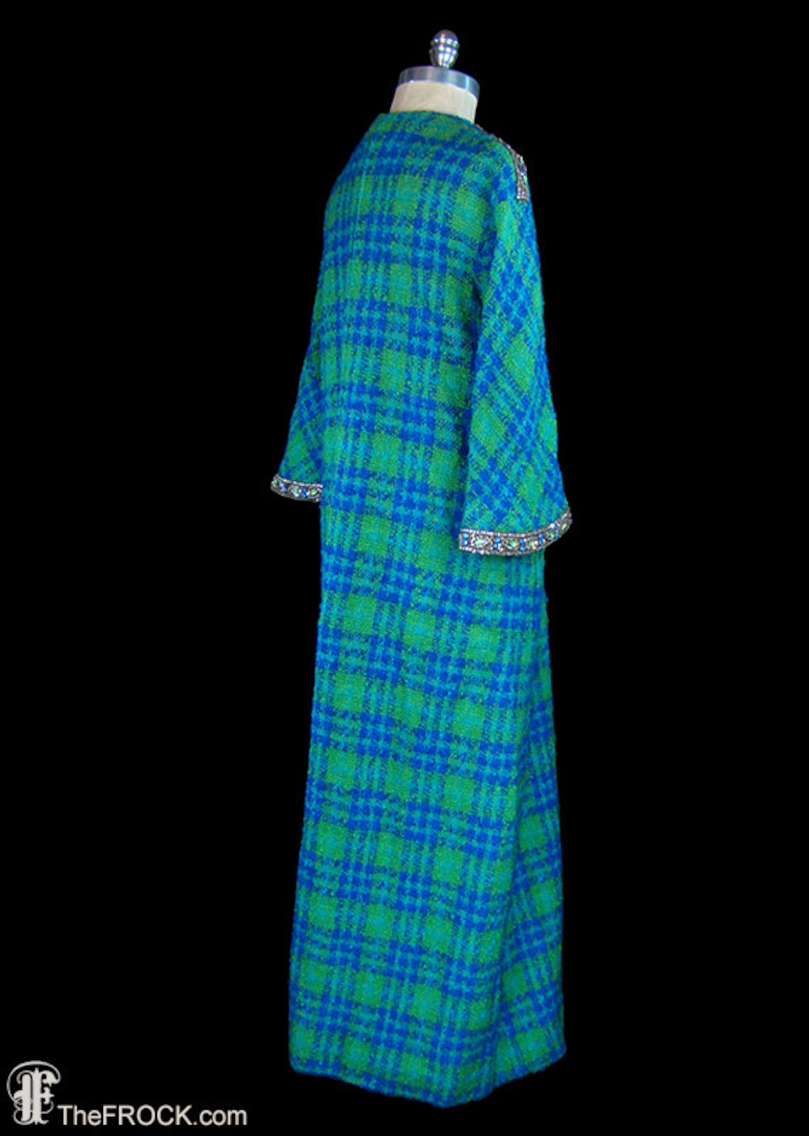 Bob Bugnand Caftan Kaftan Dress, Jeweled Blue Green Plaid Gown ...