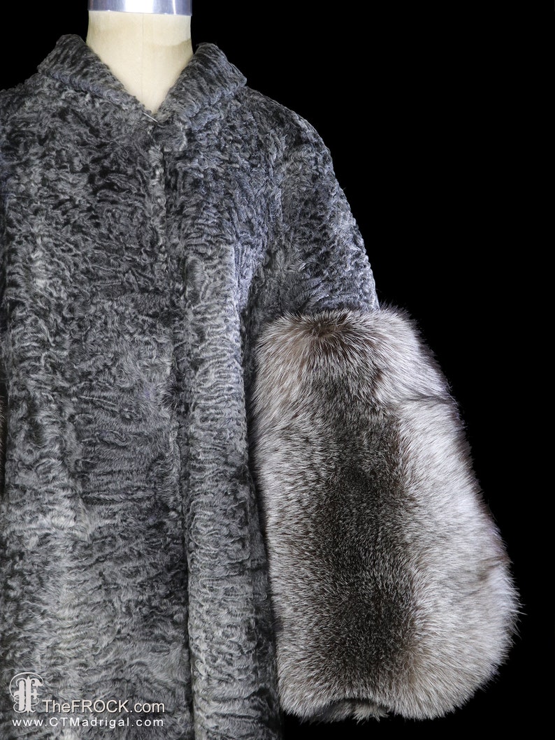 Nettie Rosenstein Silver Broadtail Lamb Fur Coat, Big Fox Cuffs ...