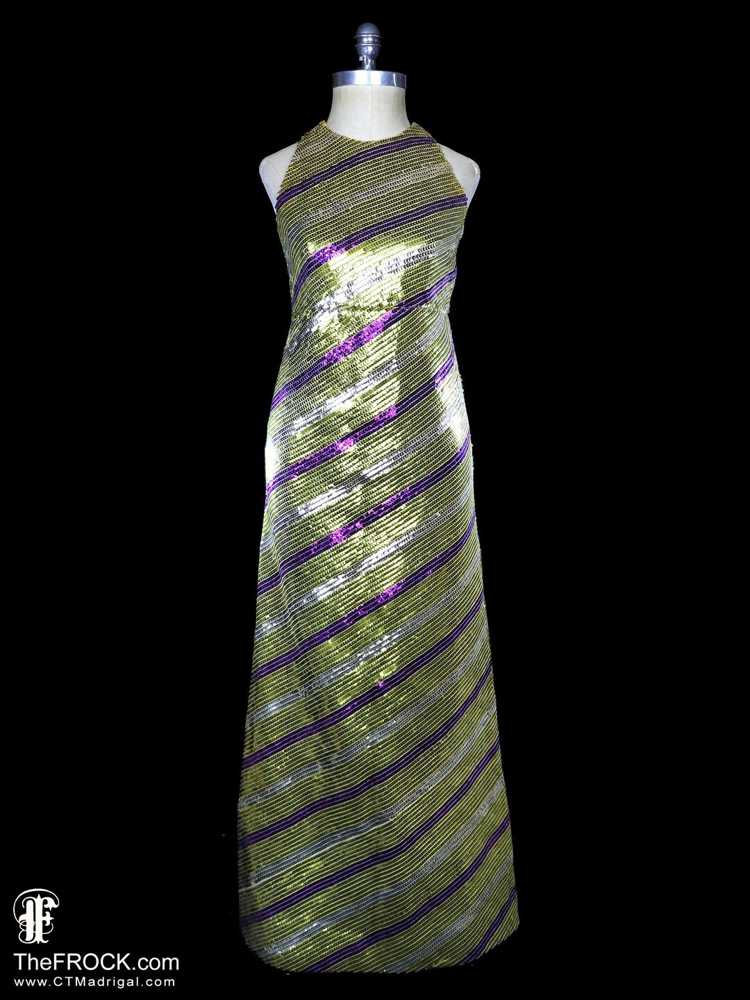 Vintage Gold Sequin Gown, Sleeveless Beaded Maxi Dress Purple Blue ...