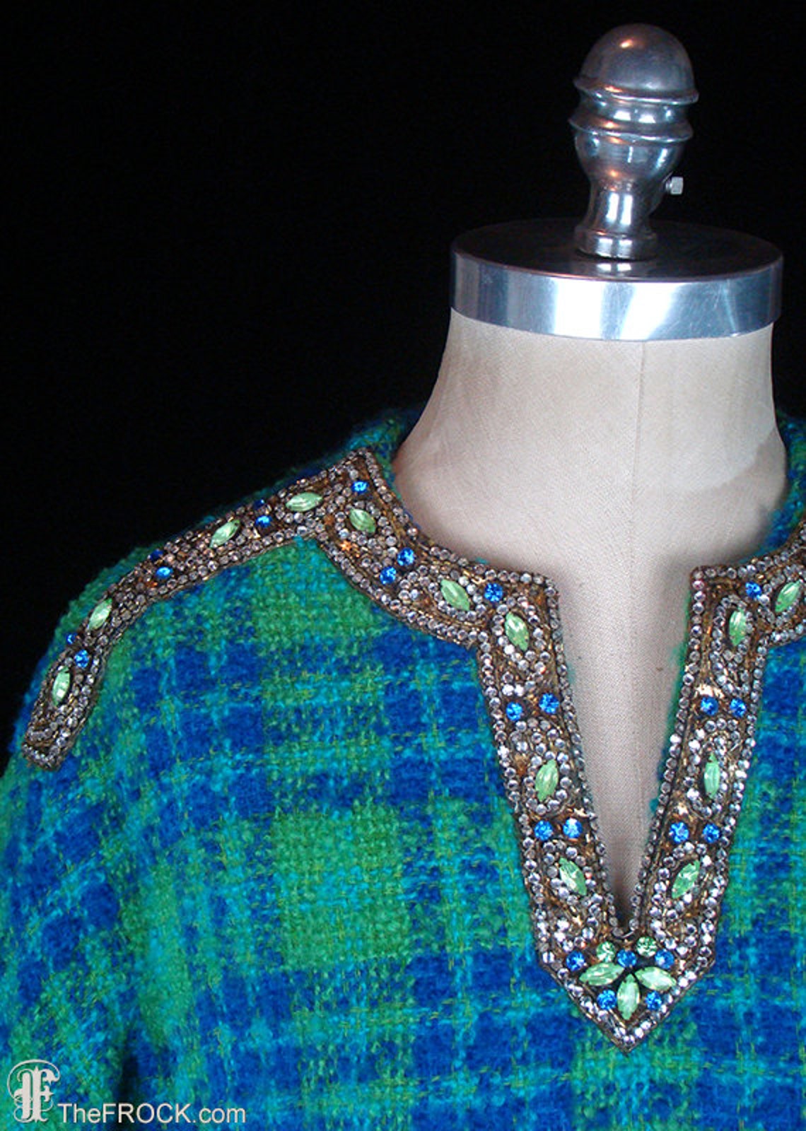 Bob Bugnand Caftan Kaftan Dress, Jeweled Blue Green Plaid Gown ...