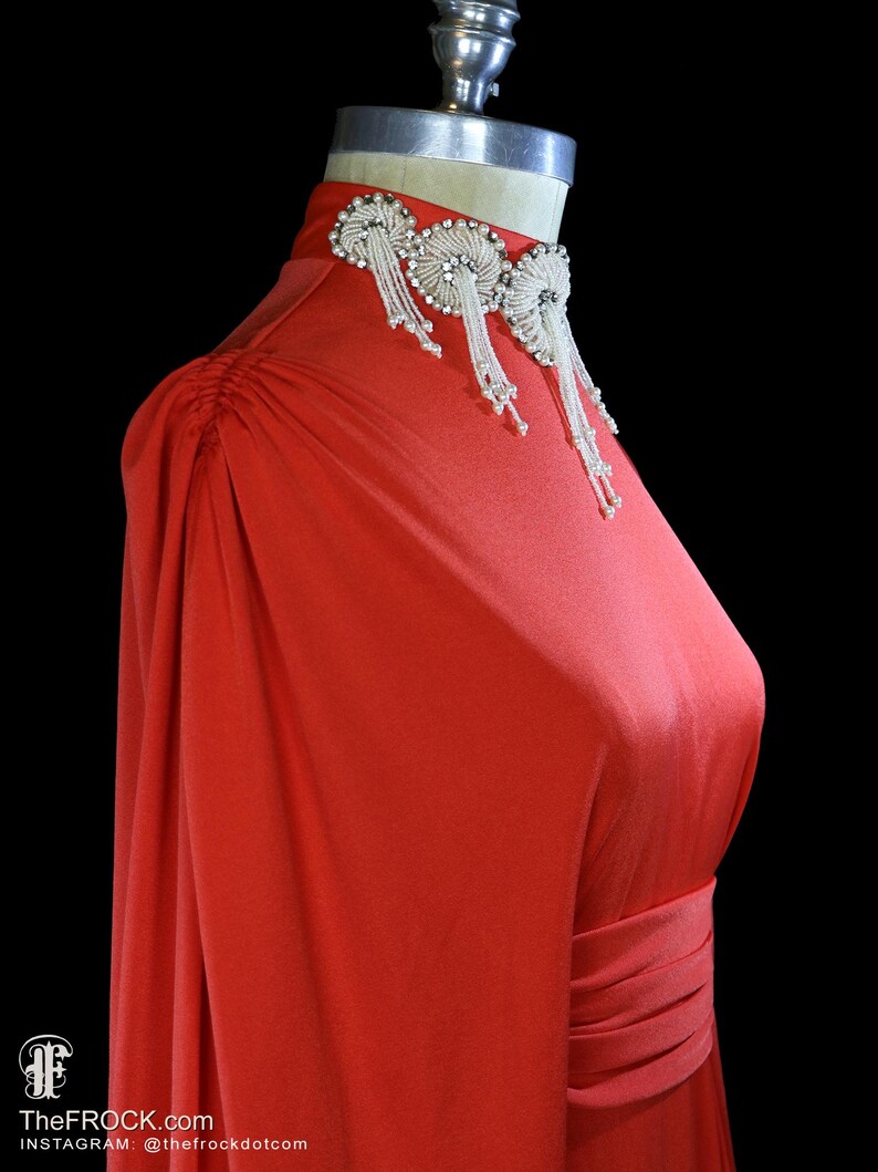 MARTHA Red Orange Jersey Maxi Dress Gown With Beaded Jewel Fringe ...