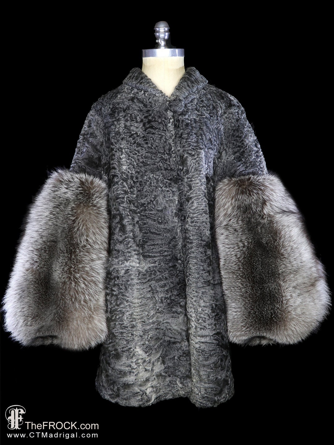 Nettie Rosenstein Silver Broadtail Lamb Fur Coat, Big Fox Cuffs ...