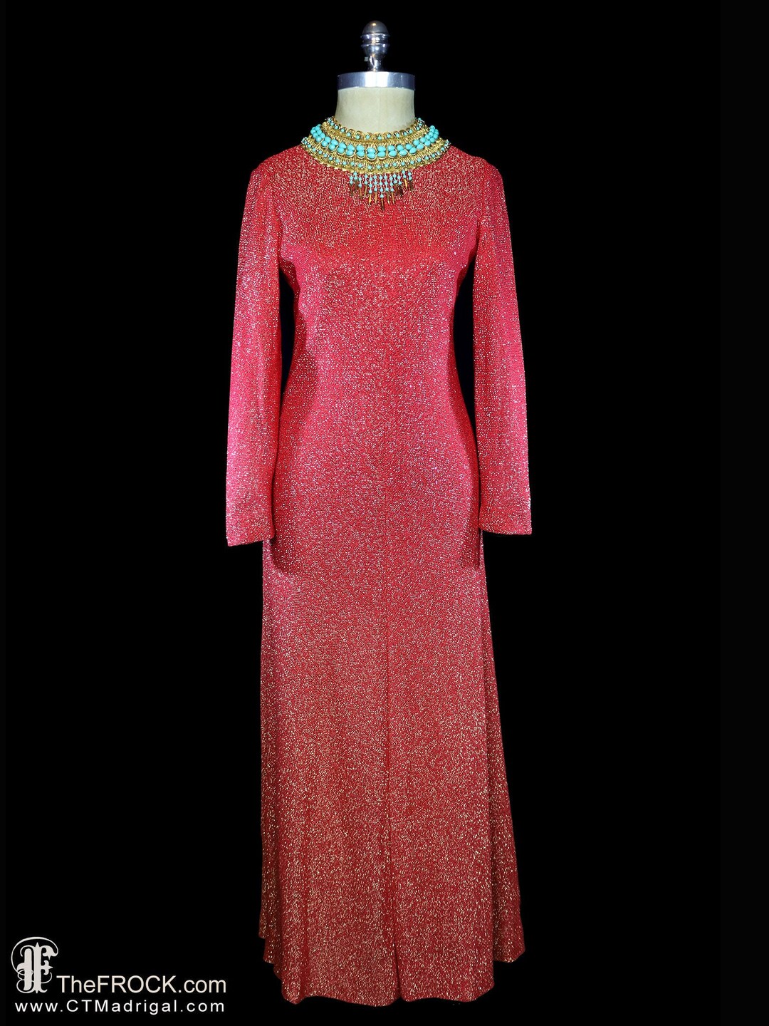 Adele Simpson Metallic Maxi Dress Beaded Cleopatra Collar, Lurex Lame ...