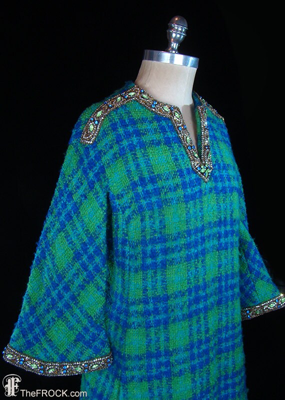Bob Bugnand Caftan Kaftan Dress, Jeweled Blue Green Plaid Gown ...