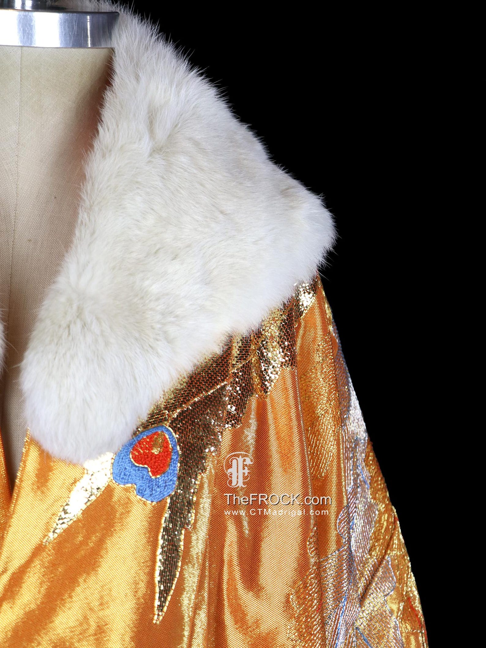 Gold Metallic Opera Coat Kimono Sleeves Fur Collar Ivory Rabbit Gold ...