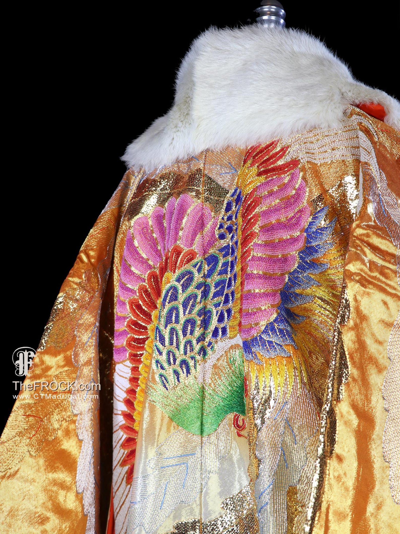 Gold Metallic Opera Coat Kimono Sleeves Fur Collar Ivory Rabbit Gold ...