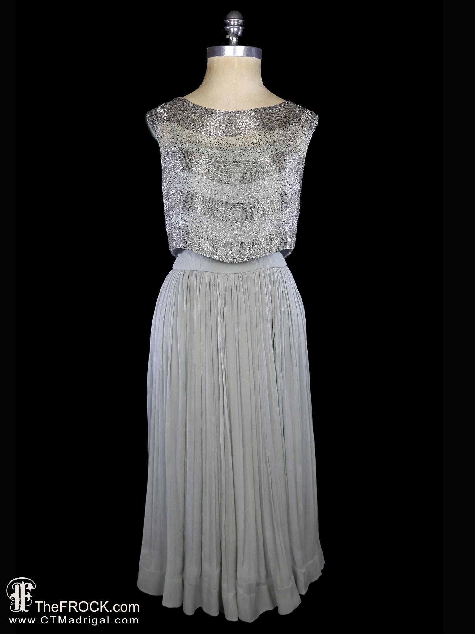 Sally Milgrim Dress, Beaded Chiffon Gown, Sleeveless Gray Silk Evening ...