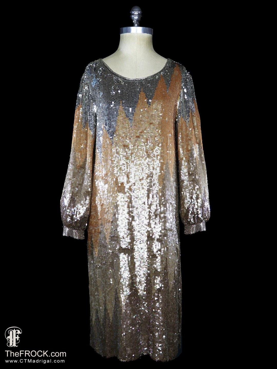 Halston Sequined Dress, Long Bishop Sleeve Beaded Flapper Gown 1970 ...