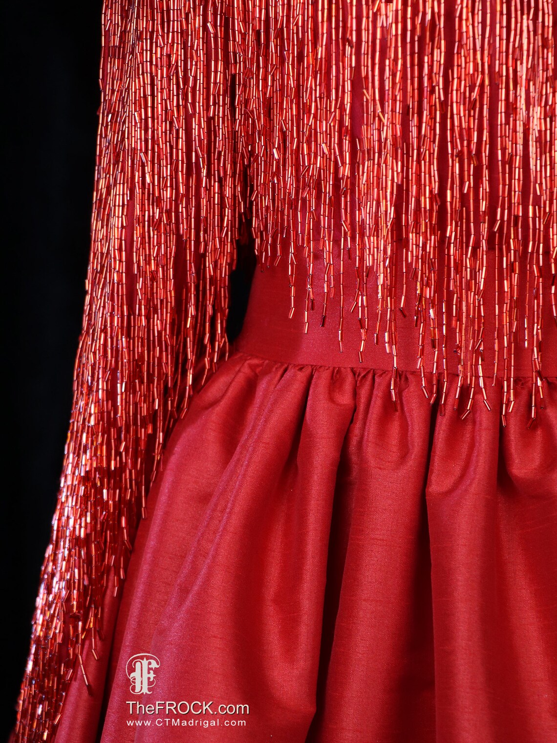 Andre Van Pier Beaded Fringe Gown Red Long Sleeve Maxi Dress Couture ...
