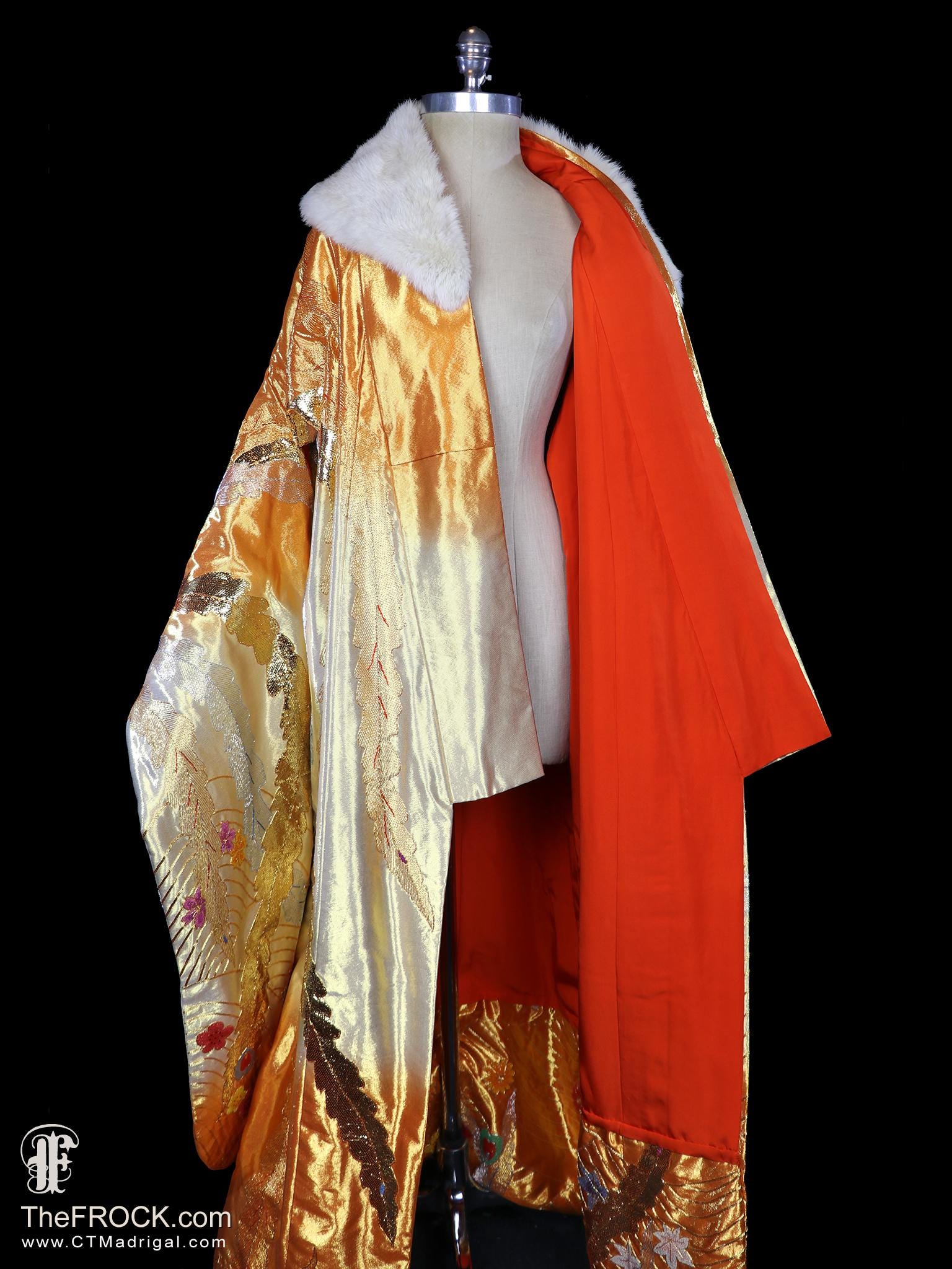 Gold Metallic Opera Coat Kimono Sleeves Fur Collar Ivory Rabbit Gold ...