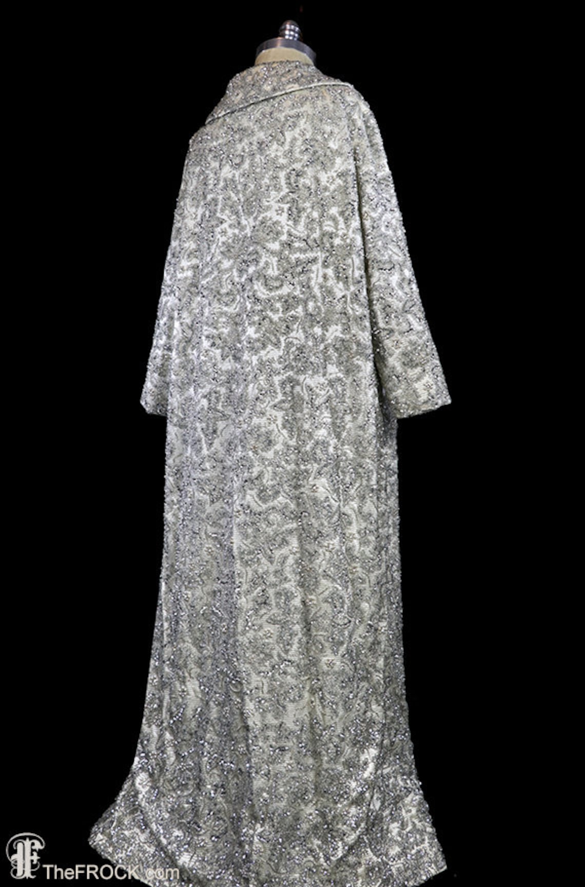 Long Vintage Beaded Coat, Silver Silk Satin Evening Jacket, Opera ...