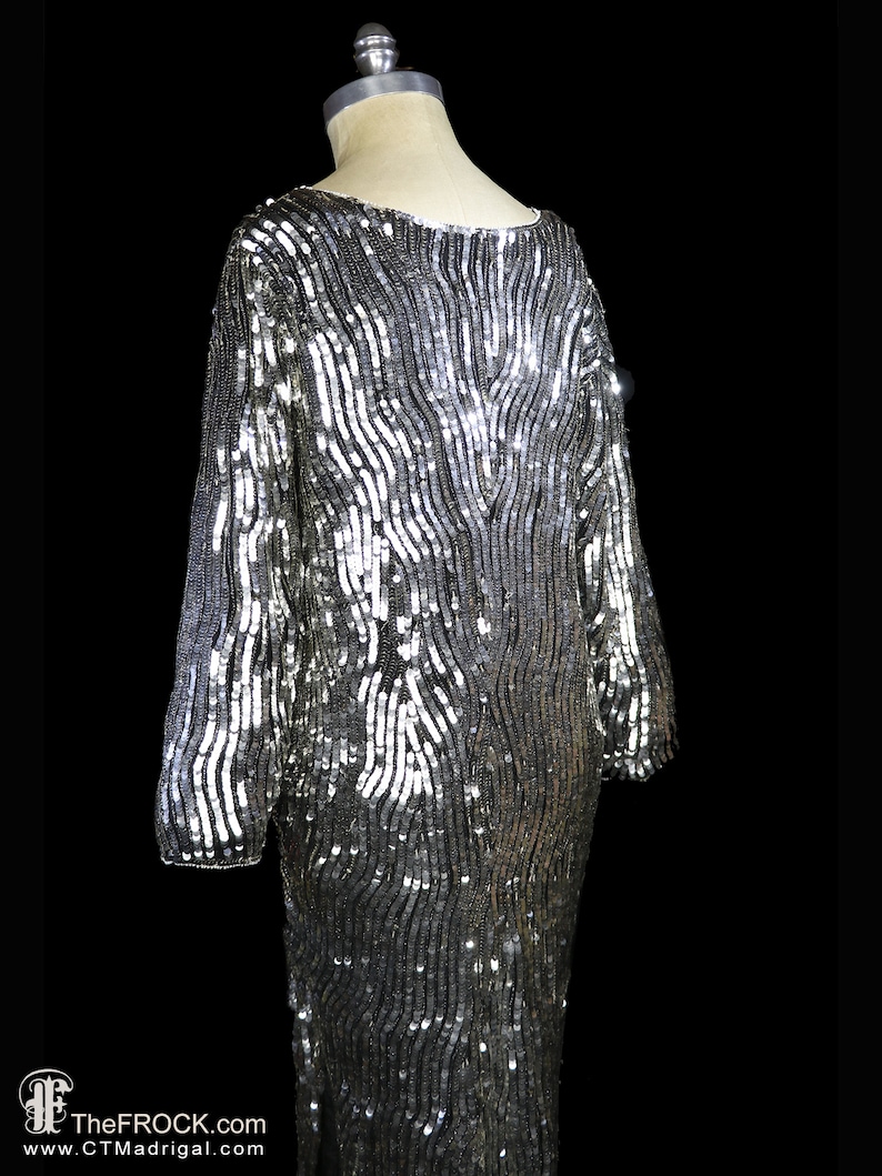 Halston Sequined Evening Dress, Silver Metallic Beaded Black Flapper ...