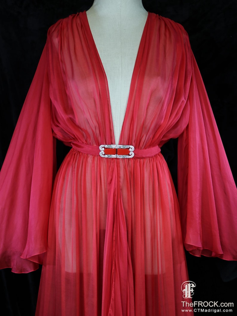 Vintage Red Dressing Gown, Art Deco Glass Buckle, Silk Chiffon Dress or ...