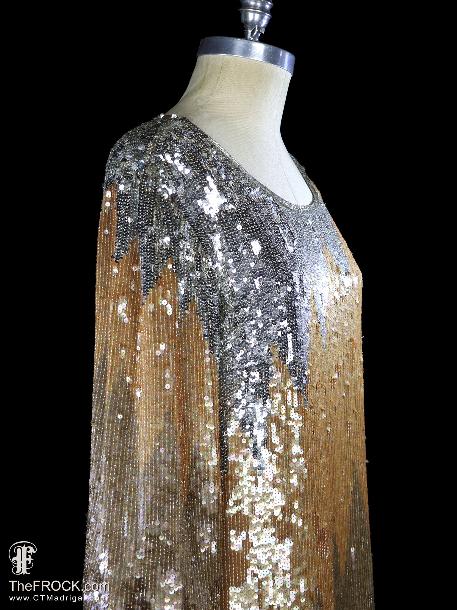 Halston Sequined Dress, Long Bishop Sleeve Beaded Flapper Gown 1970 ...