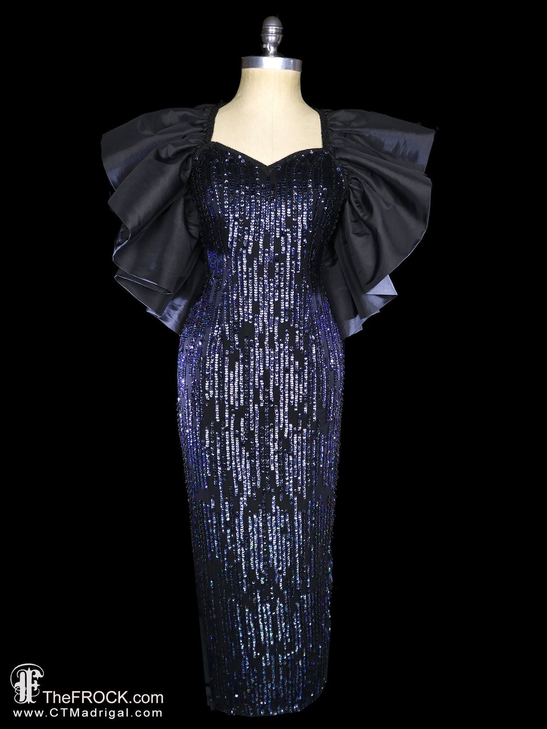 Bill Blass Sequin Gown Blue Black Dress Silk Taffeta Ruffle Avant
