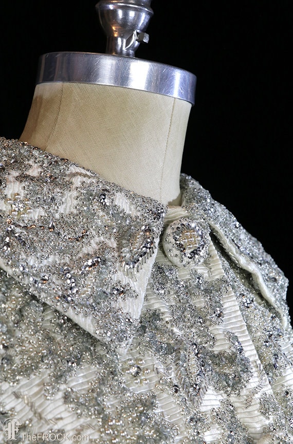 Long Vintage Beaded Coat, Silver Silk Satin Evening Jacket, Opera ...