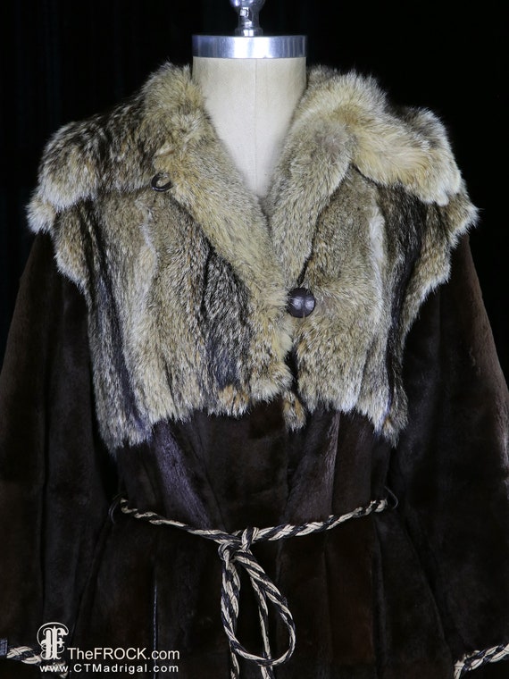 1970s fur coat, fox fur, sheared jacket belted, boho … - Gem