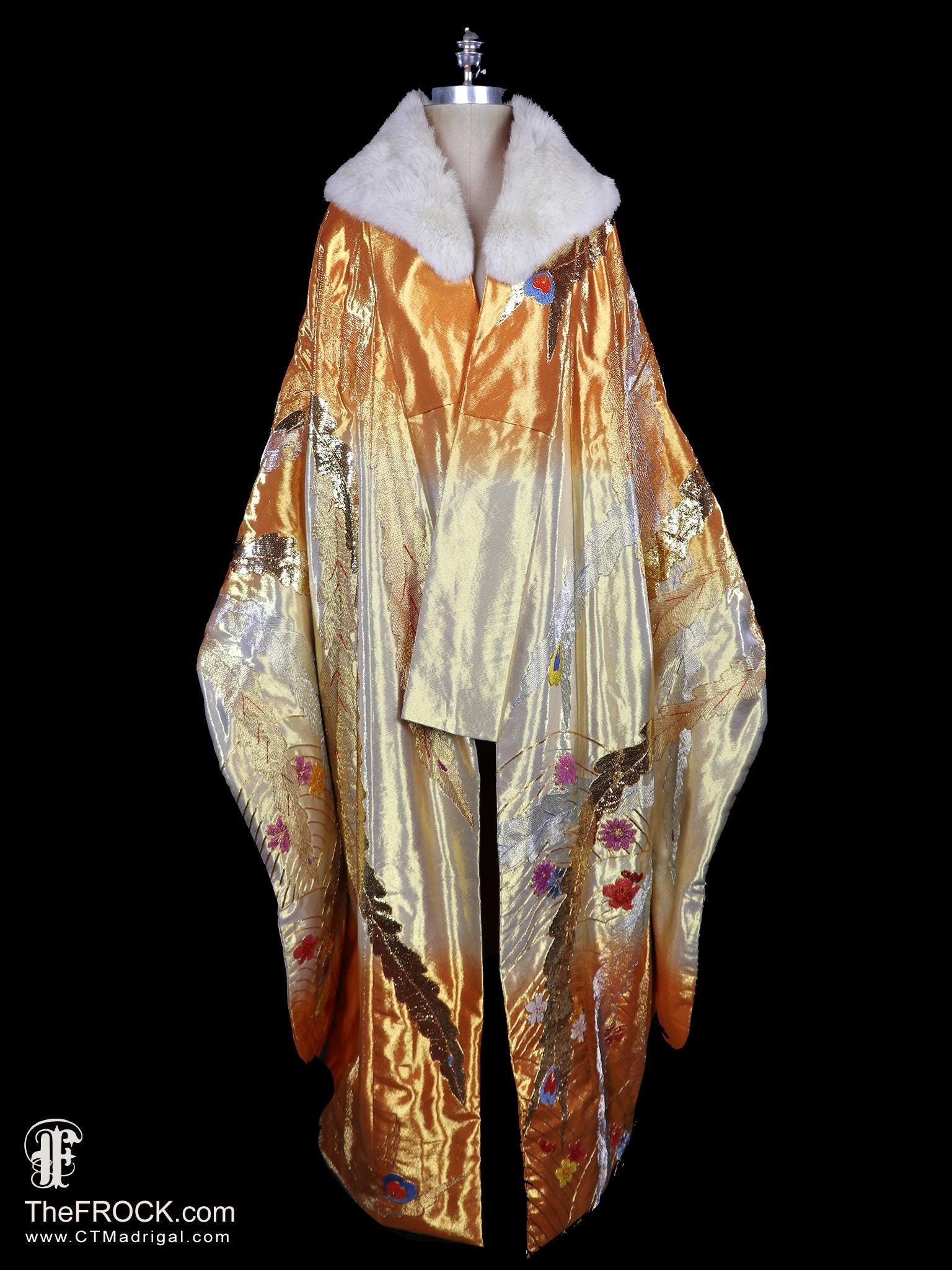 Gold Metallic Opera Coat Kimono Sleeves Fur Collar Ivory Rabbit Gold ...