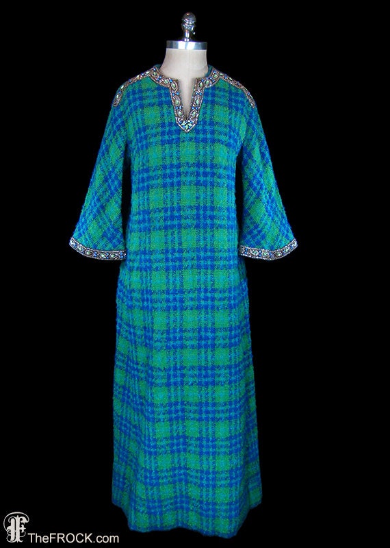 Bob Bugnand Caftan Kaftan Dress, Jeweled Blue Green Plaid Gown ...