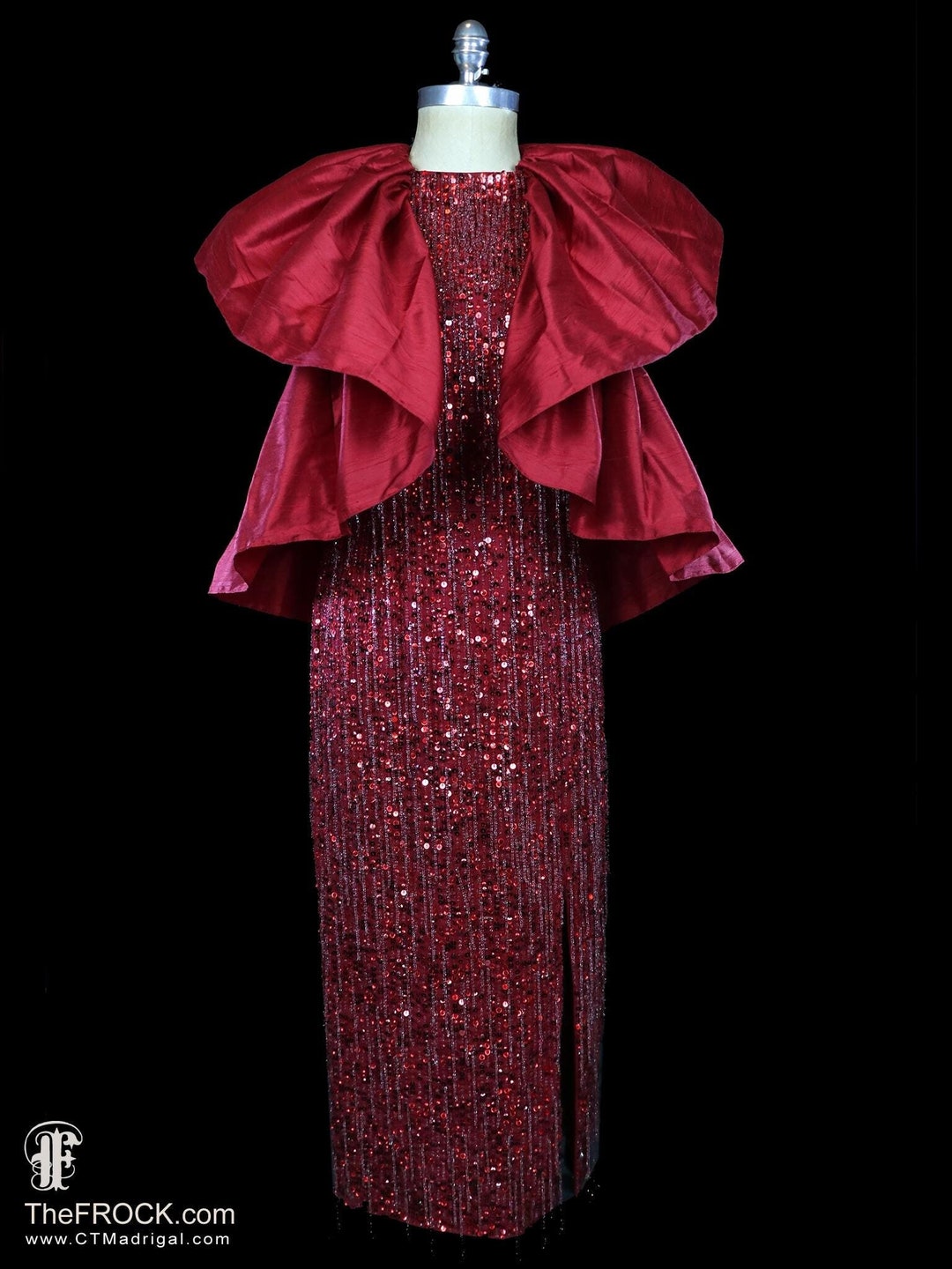 Bill Blass Beaded Fringe Gown Wine Sequin Dress Avant Garde Couture ...