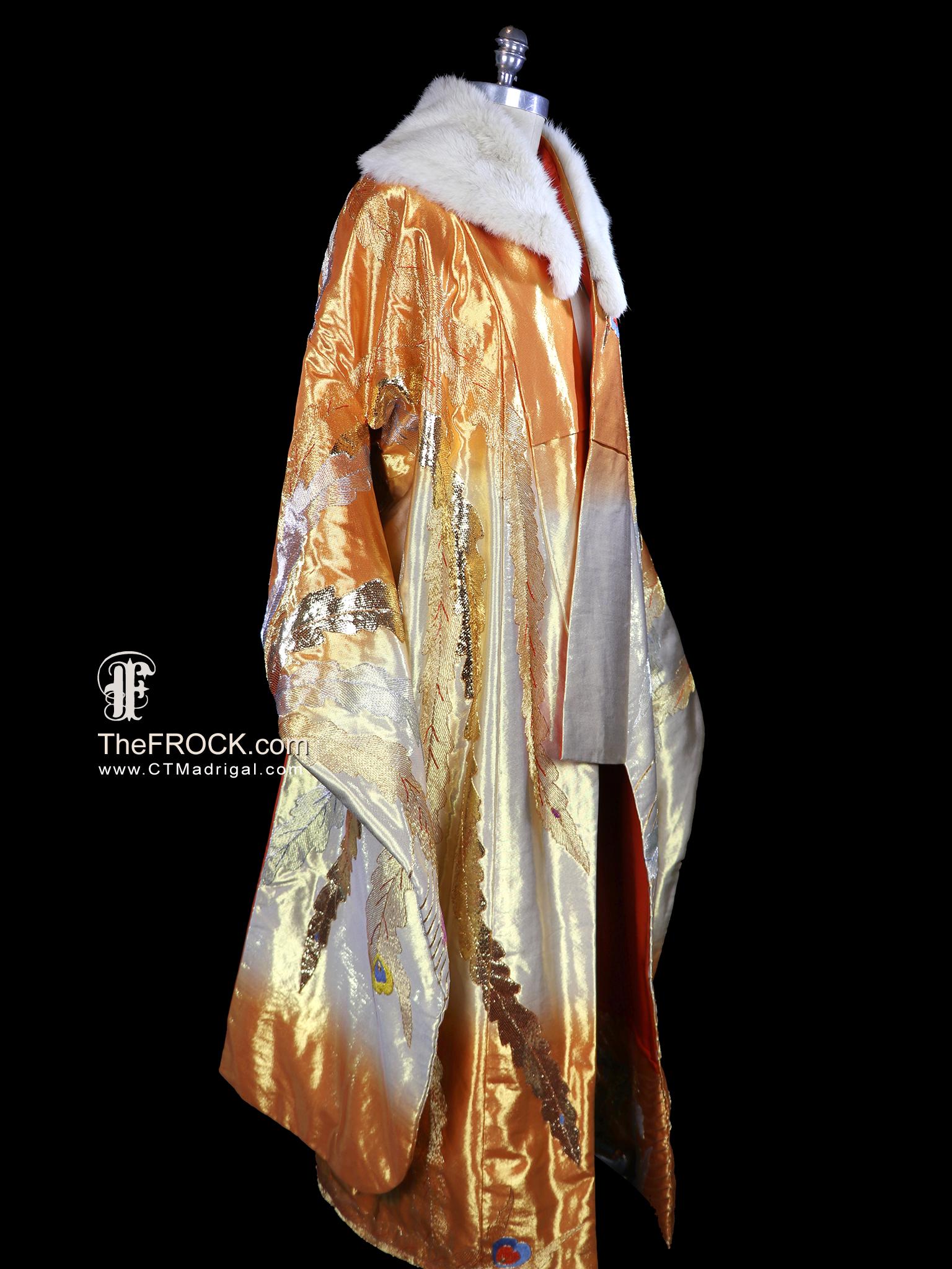 Gold Metallic Opera Coat Kimono Sleeves Fur Collar Ivory Rabbit Gold ...