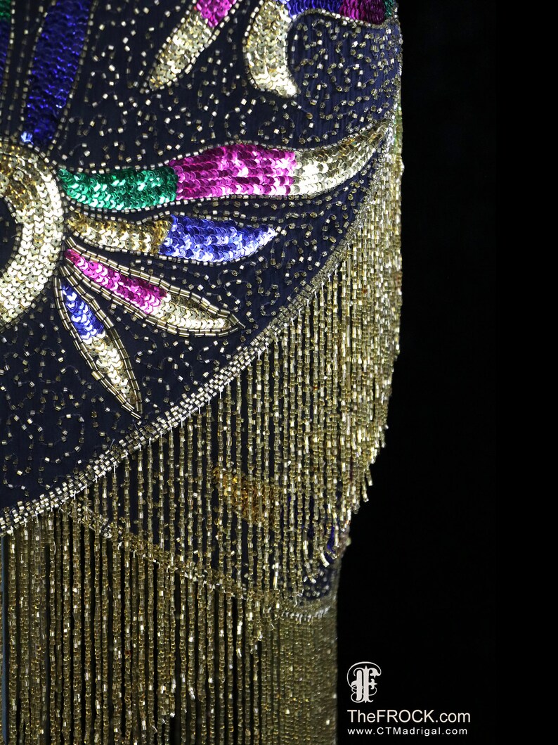 Beaded Fringe Dress, Gold Black Blue Op Art Bugle Beads Cocktail Silk ...
