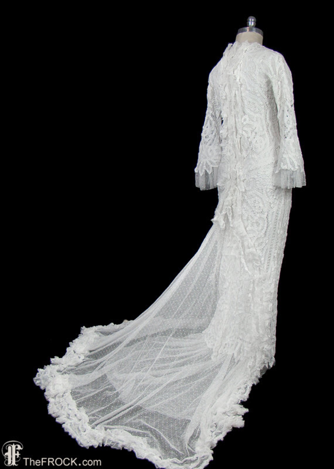 Wedding Dress Antique Battenburg Lace Gown With Train and Sleeves ...
