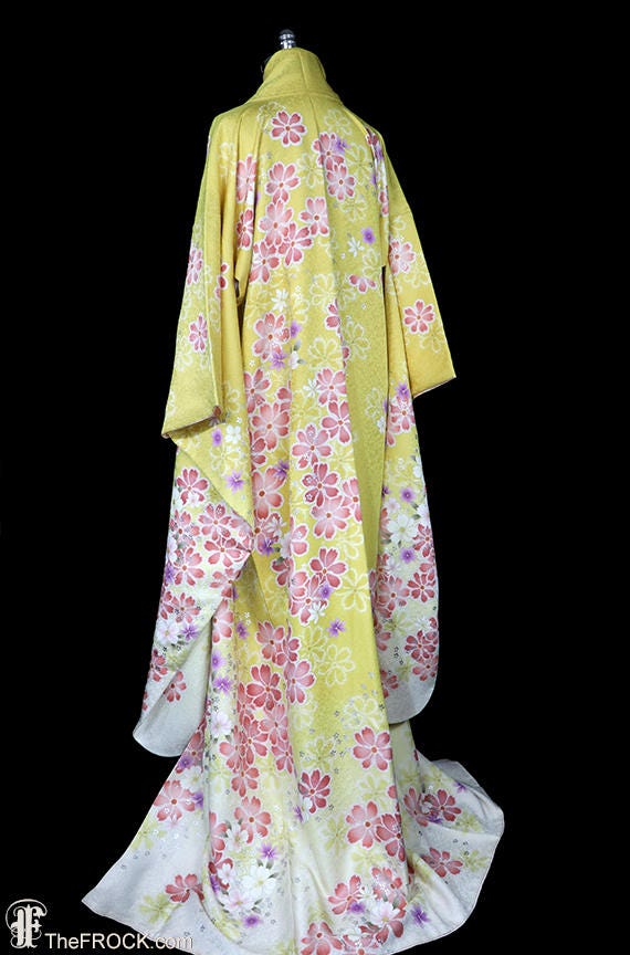 Vintage Silk Kimono, Robe or Coat or Dressing Gown, Yellow Furisode ...