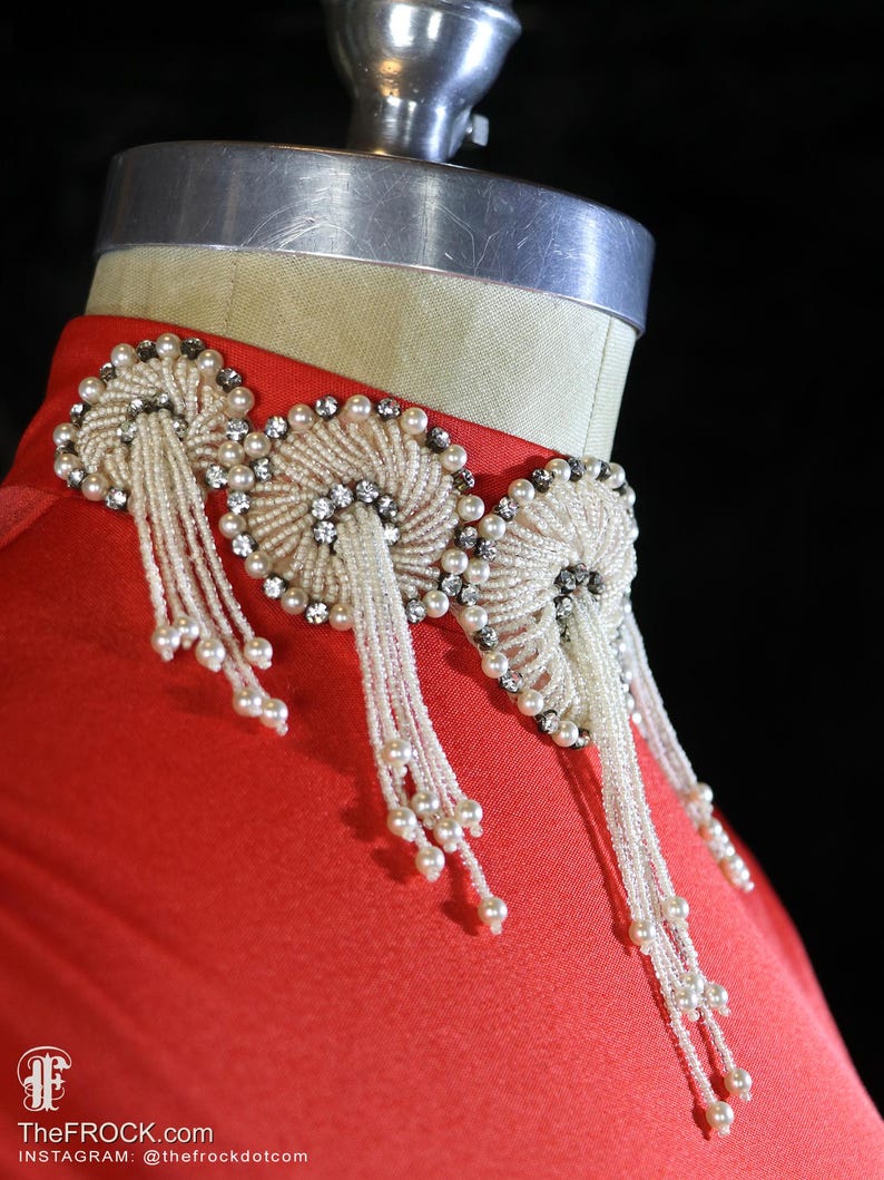 MARTHA Red Orange Jersey Maxi Dress Gown With Beaded Jewel Fringe ...