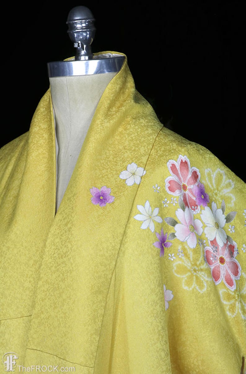 Vintage Silk Kimono, Robe or Coat or Dressing Gown, Yellow Furisode ...