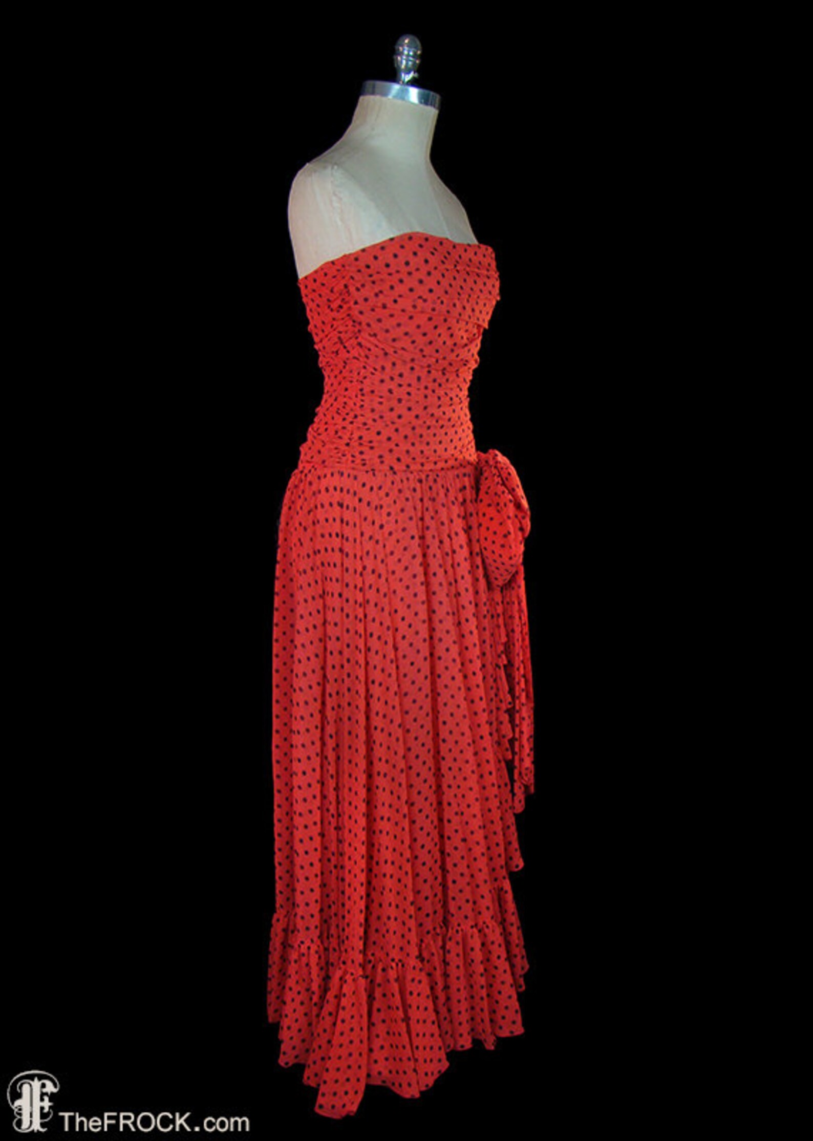 Louis Feraud Gown, Strapless Red Maxi Dress, Ruched Red Polka Dot, Drop ...