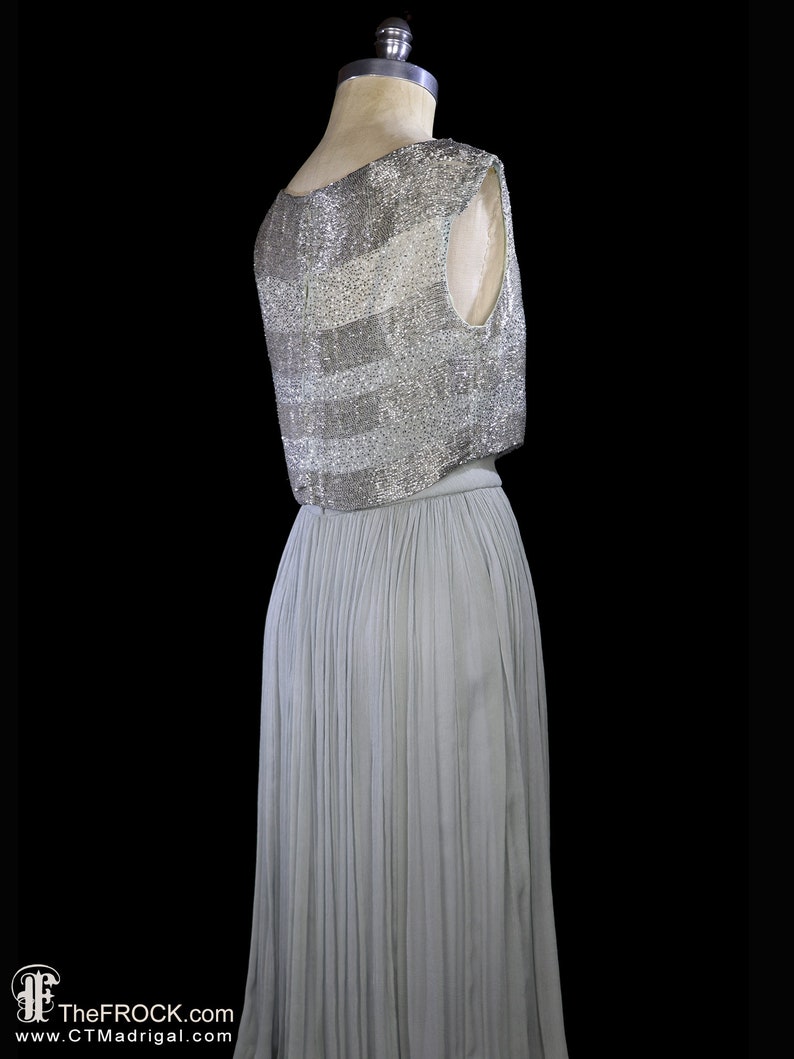Sally Milgrim Dress, Beaded Chiffon Gown, Sleeveless Gray Silk Evening ...