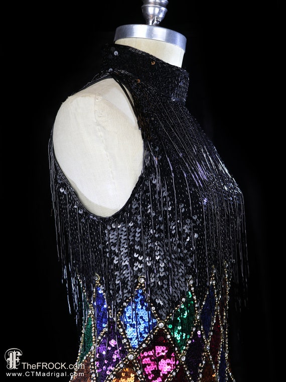 Beaded fringe gown, vintage rhinestone jeweled black … - Gem