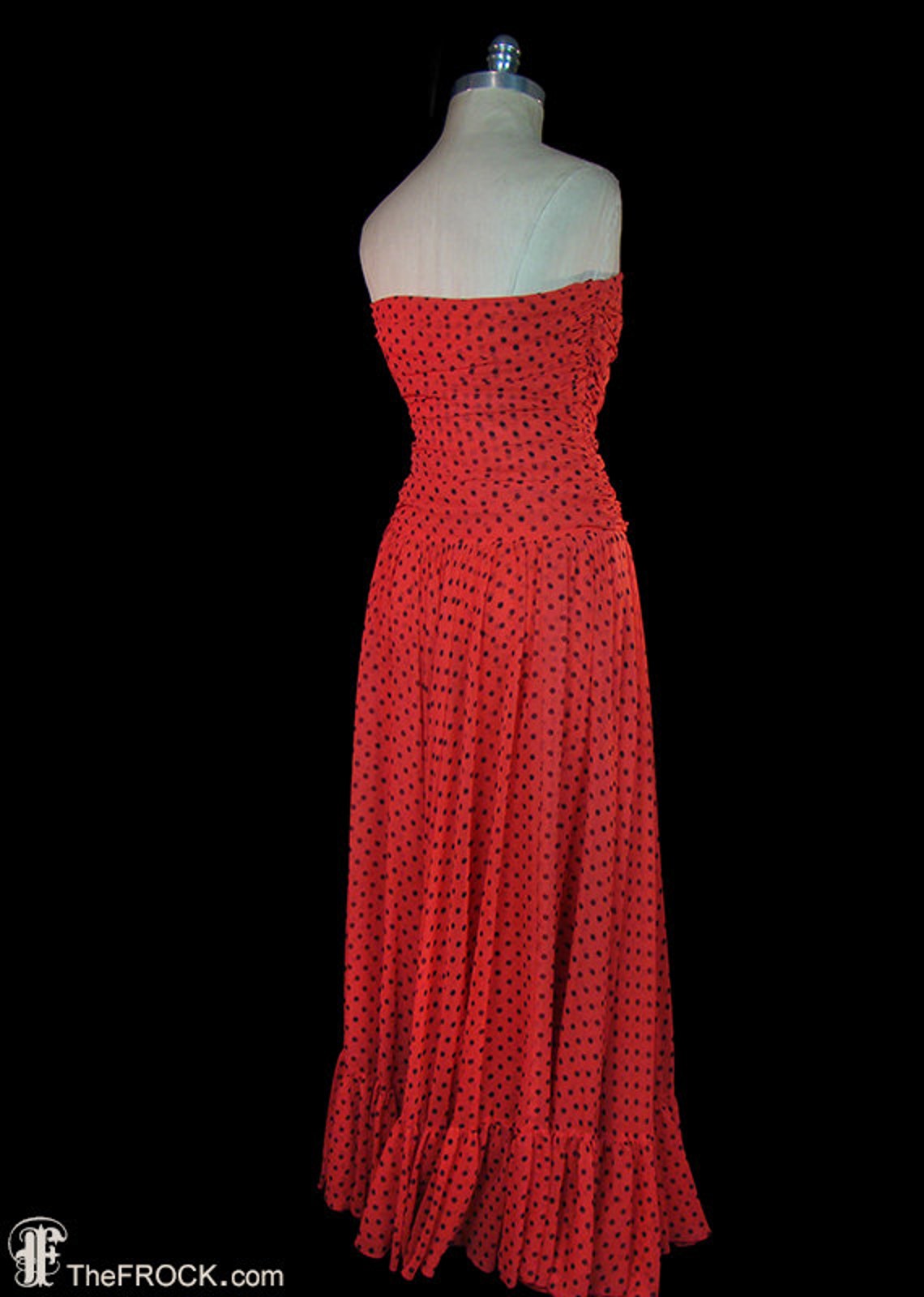 Louis Feraud Gown, Strapless Red Maxi Dress, Ruched Red Polka Dot, Drop ...