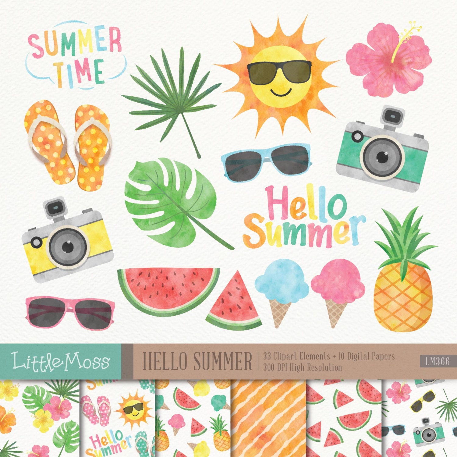 Summer Digital Clipart and Papers Watercolor Summer Clipart - Etsy Hong ...