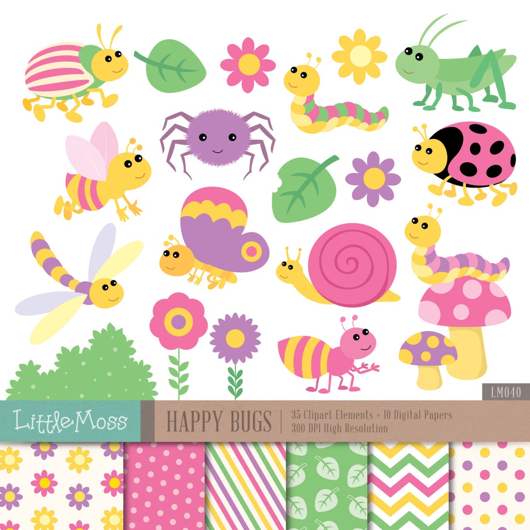 Happy Bugs Digital Clipart and Papers, Bug Clipart - Etsy