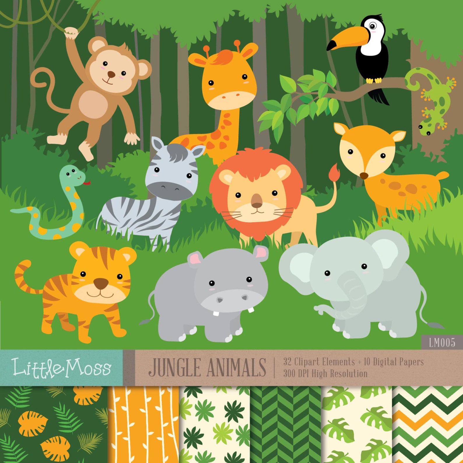 Jungle Animals Digital Clipart and Papers - Etsy