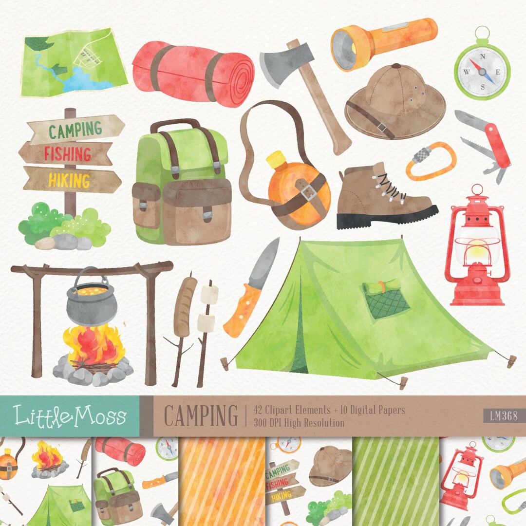 Watercolor Camping Clipart: Outdoor Adventure Graphics (digital ...