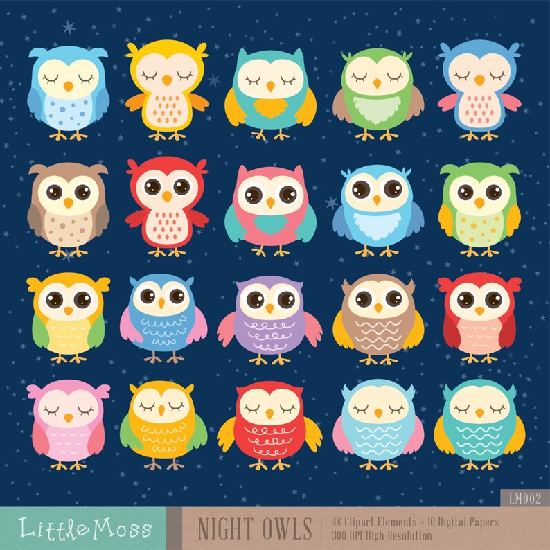 Night Owls Digital Clipart and Papers - Etsy