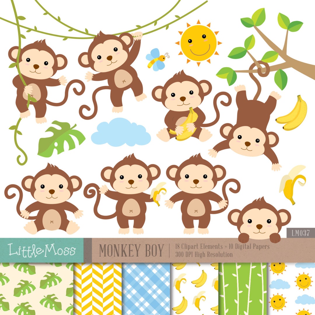 Monkey Boy Digital Clipart and Papers, Monkey Clipart - Etsy