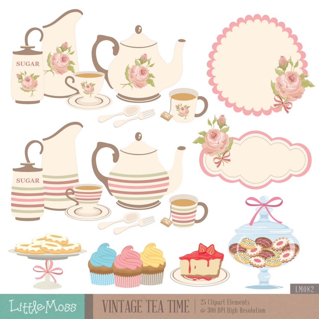 Vintage Tea Time Digital Clipart, Tea Party Clipart, Rose Clipart ...