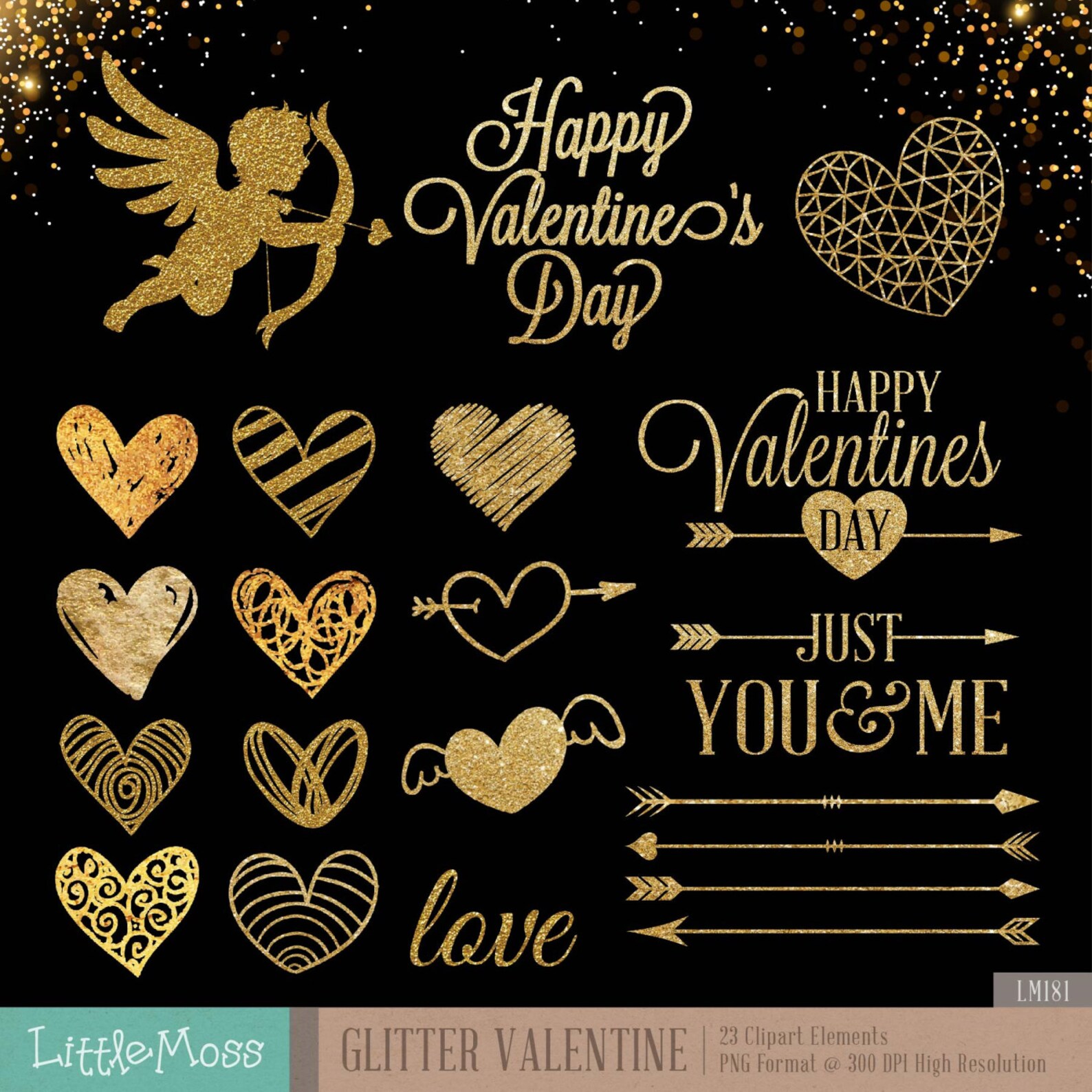 Gold Glitter Valentine's Day Digital Clipart | Etsy