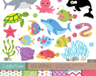 Sea Creatures Clipart Digital Stamp Whale Shark Turtle - Etsy