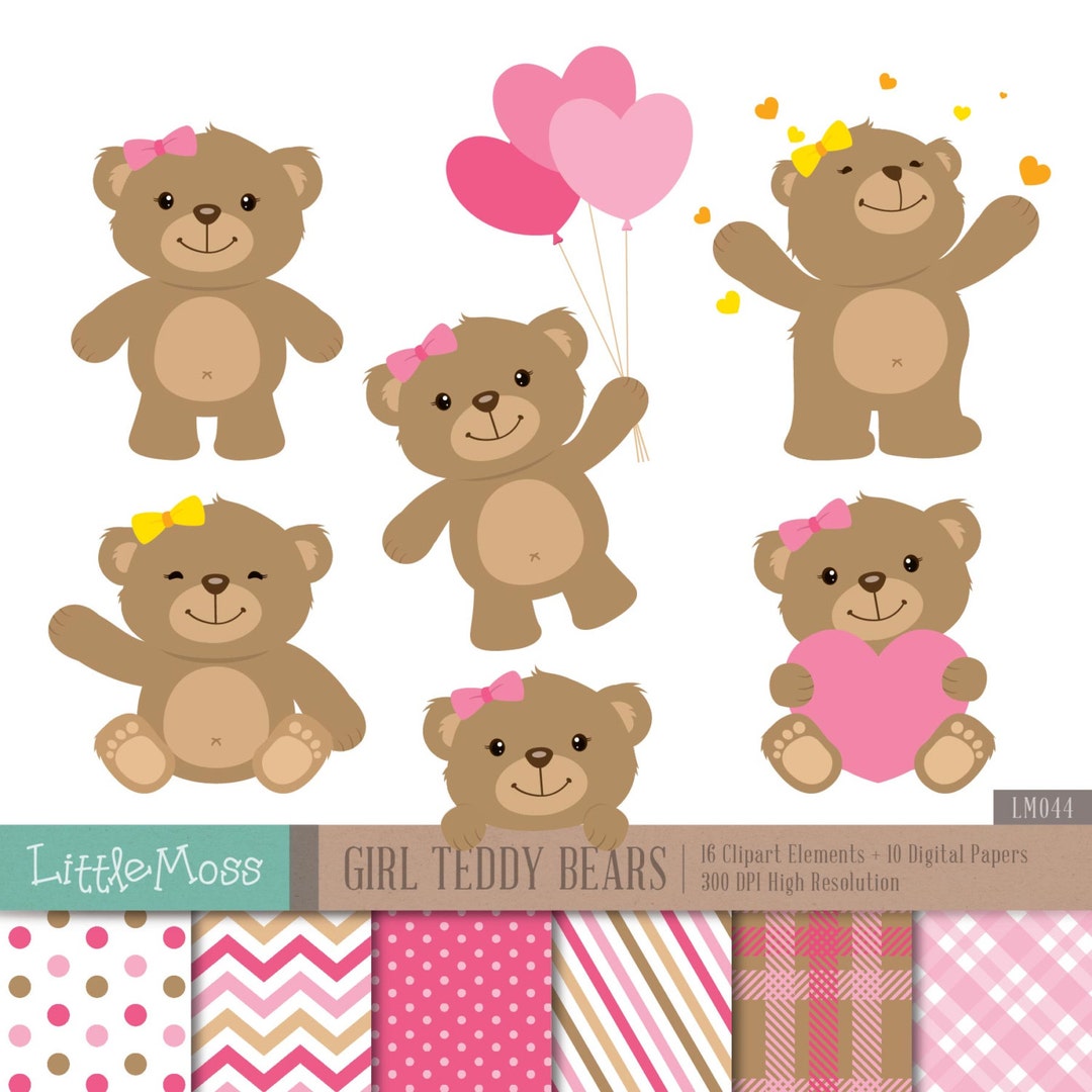 Girl Teddy Bears Digital Clipart and Papers - Etsy