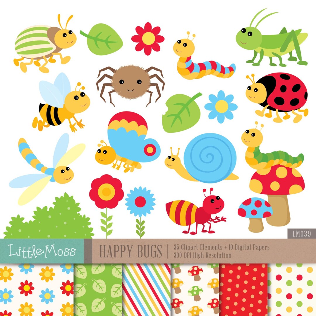 Happy Bugs Digital Clipart and Papers, Bug Clipart - Etsy