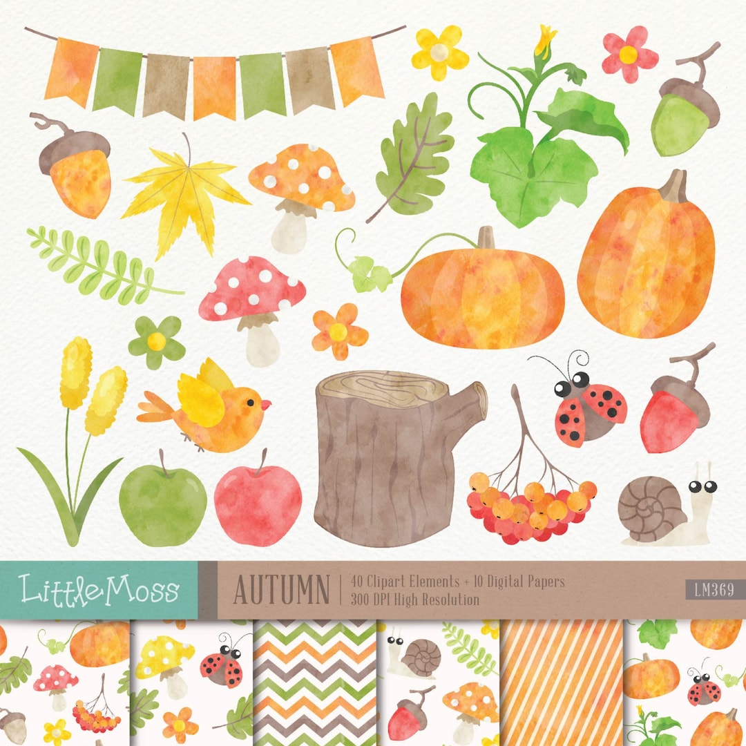 Autumn Digital Clipart and Papers, Watercolor Autumn Clipart, Autumn ...