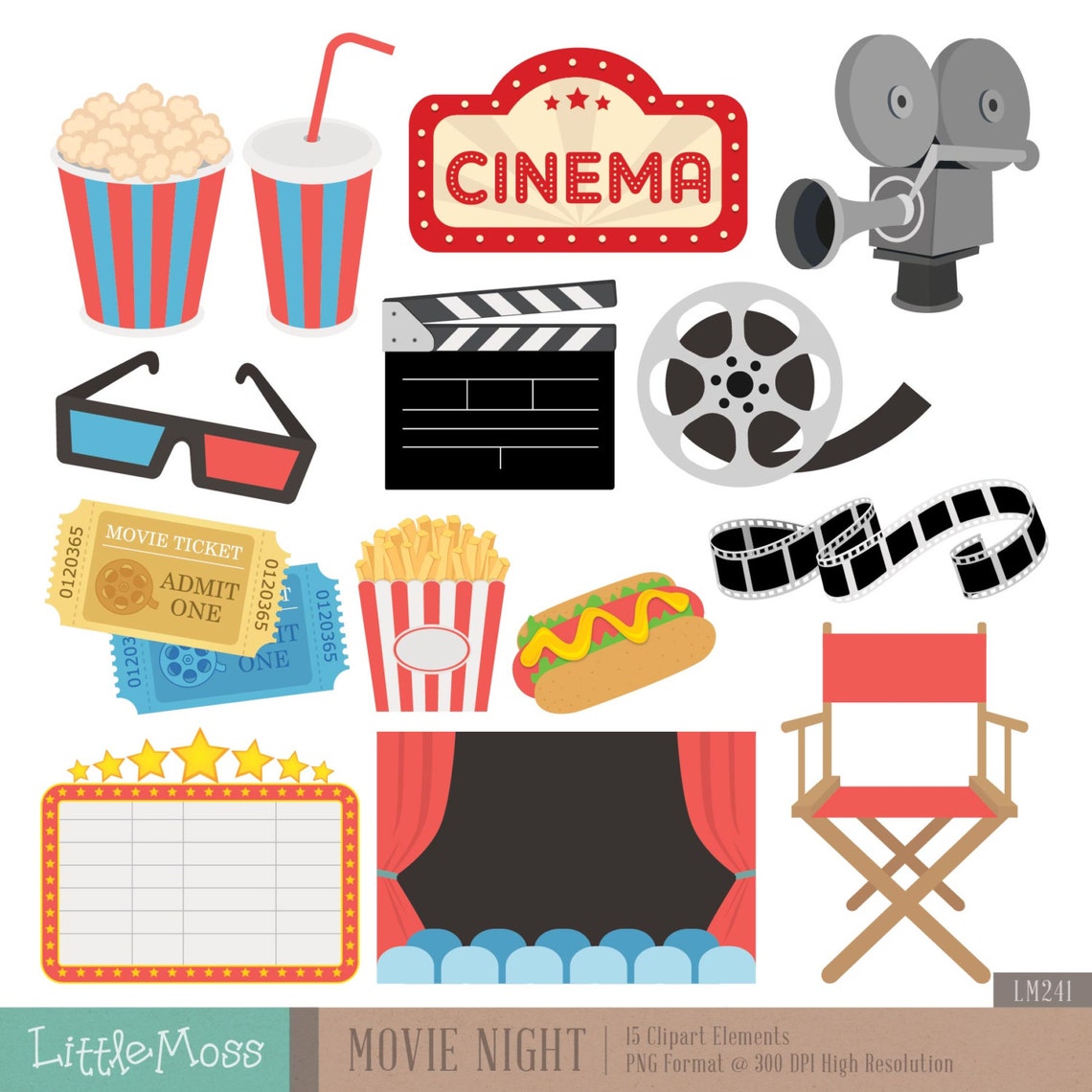 Movie Night Digital Clipart - Etsy