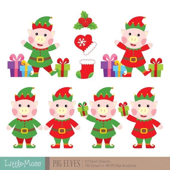 Elves Pig Christmas Pigs Digital Clipart | Etsy