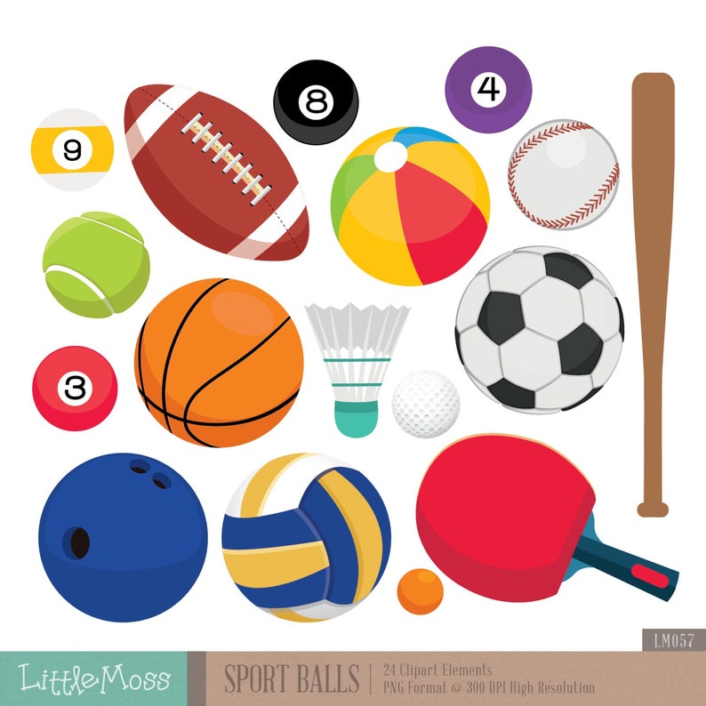 Sport Balls Clipart: Football, Tennis, Basketball (PNG Digital Download ...